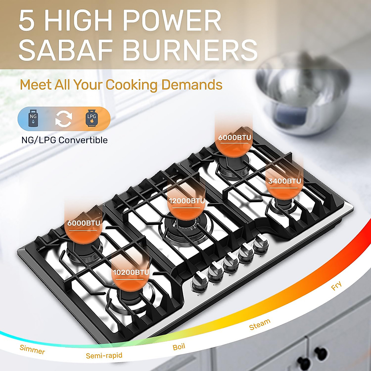 TOPWISH 36" Built-in Gas Cooktop, 5 ITALY SABAF Sealed Burners Gas Rangetop 41,800BTU, NG/LPG Convertible, Stainless Steel Burner Gas Stovetop with Thermocouple Protection,120V AC. (36 inch)