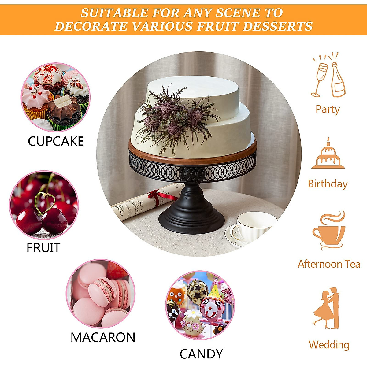 weharnar Rustic Cake Stand Round Wooden Cake Stand and Dessert Pedestal Display Stand with Black Base, Dessert Cupcake Pastry Candy Display Plate for Wedding Birthday Event Party 12 inches