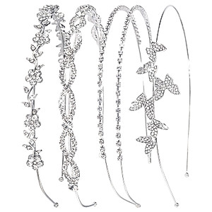 Wecoe 4 Pack Silver Rhinestone Headband Flower Girl Bridal Wedding Headband Crystal Headpiece Flower Leaf Butterfly Metal Headband Little Girls Kids Crown Tiara Hair Accessories For Women Girls Gifts