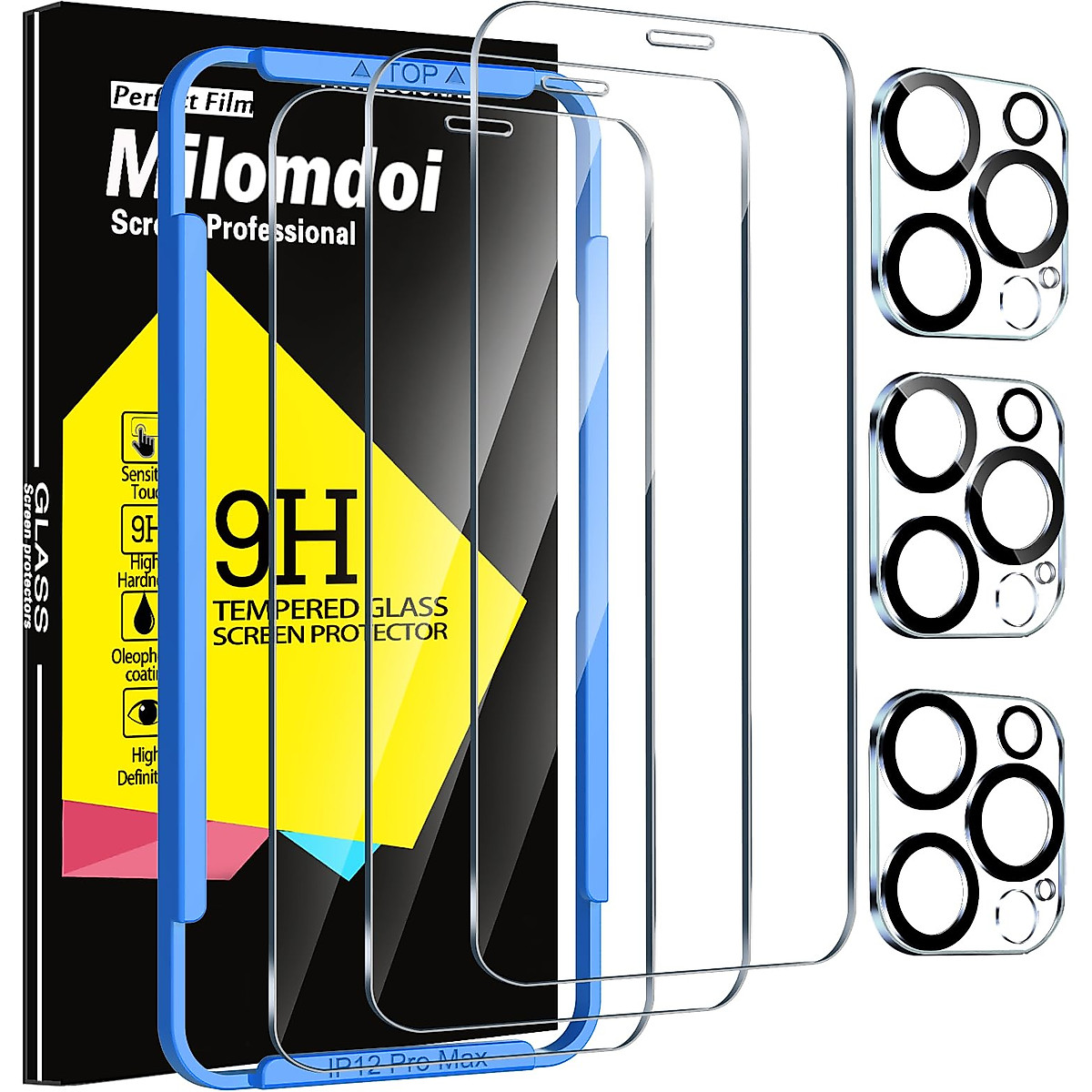 Milomdoi 3 Pack Screen Protector for Apple iPhone 12 Pro Max with 3 Pack Tempered Glass Camera Lens Protector, Ultra 9H Accessories, Case Friendly, Mounting Frame, 2.5D Curved, Transparent