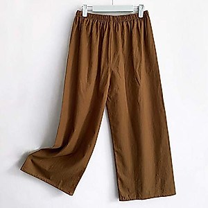 Sdeycui Women's Casual Solid Cotton Linen Pants Wide Leg Loose Fitting Trousers(Brown, L)