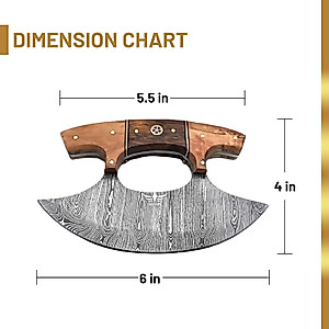 Lara Eagle Damascus Steel Ulu Knife, Celtic Knot Handle made of Exotic Rose Wood and Olive wood, 6 inch blade One-Handed Rocker Knife with Leather Sheath