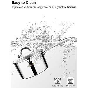 VENTION Tri-Ply Stainless Steel 1 Quart Saucepan with Lid, Bright Small Sauce Pan with Pour Spout, Small Pots for Cooking, Right Hand