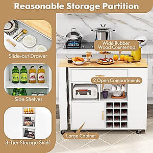 Giantex Mobile Kitchen Island Cart, 4-in-1 Reversible Serving Cart Bar Table Combo, Storage Cart on Wheels w/Rubber Wood Top, Adjustable Shelf, 12-Bottle Wine Rack, Spice Rack for Dining Room, White
