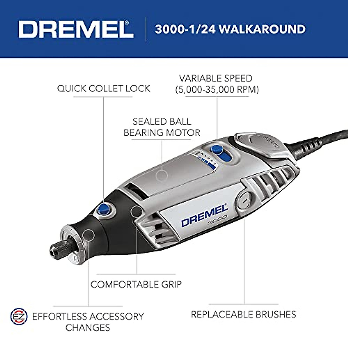 Dremel 3000-1/24 Variable Speed Rotary Tool Kit - 1 Attachment & 24 Accessories, Ideal for Variety of Crafting and DIY Projects – Cutting, Sanding, Grinding, Polishing, Drilling, Engraving