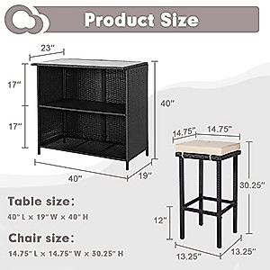 Incbruce 3-Piece Patio Bar Set - Two Stools with Beige Cushions and One Table with a Glass Top, All-Weather Outdoor Brown Wicker Furniture Set for Porches, Gardens or Poolside
