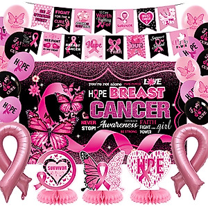 Breast Cancer Awareness Decorations,Breast Cancer Awareness Banner,Breast Cancer Awareness backdrop,Breast Cancer Awareness Balloons Honeycomb Centerpieces,Breast Cancer Awareness Supplies Decorations for Women Charity Activities