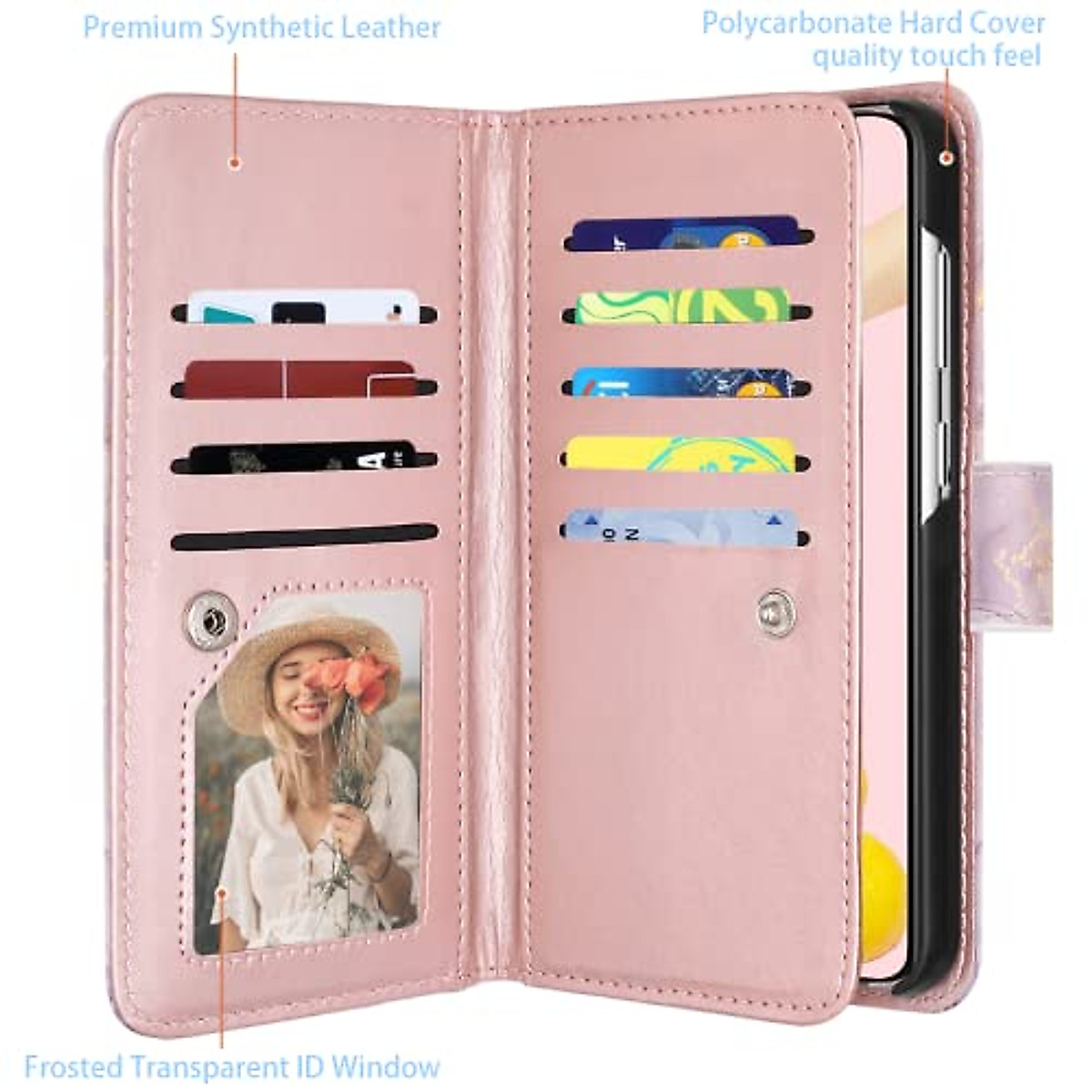 Fingic Galaxy S23 Wallet Case, 9 Card Holder, Rose Gold Marble PU Leather with Detachable Wrist Strap for Women & Girls (6.1 inch)