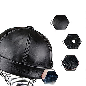 JGHJ Men Genuine Leather Skullcap, Sailor Cap Hat Beanie Rolled Cuff Retro Brimless Genuine Leather Beanie Hat (Black,XL), X-Large