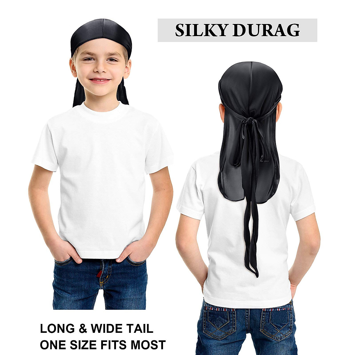 6 Pieces Kids Silky Satin Durags with Wave Caps Set Unisex 360 Wave Headwraps with Long Tail and Wide Straps (Silver, Black, Blue)