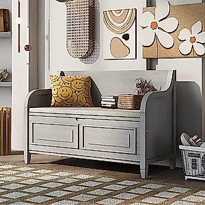 Appot WF299118AA 42" Storage Bench for Entryway, Rustic Style Solid Wood Multifunctional EntrywayBench with Safety armrests and backrests, EntrywayStorage for ShoeBench, ShoeCabinet, 1, Grey
