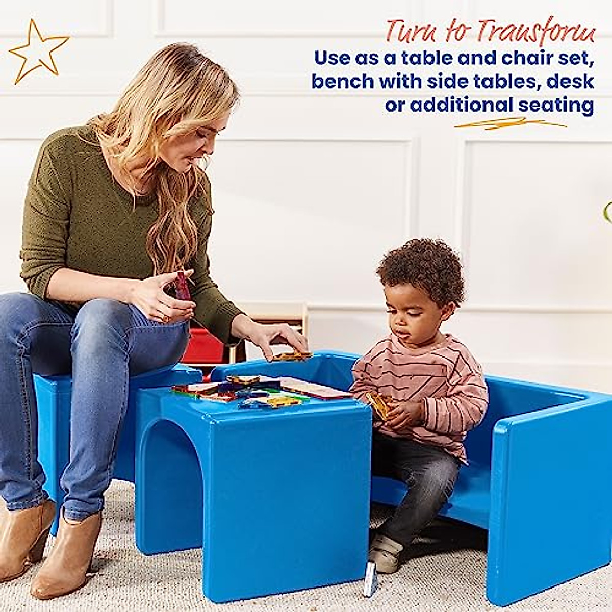 ECR4Kids Tri-Me Table and Cube Chair Set, Multipurpose Furniture, Blue, 3-Piece