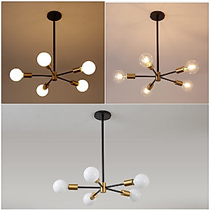 KAISITE Sputnik Chandelier Light Fixture - Modern 5-Light Sputnik Ceiling Light Height Adjustable Gold and Black Hanging Pendant Lighting for Living Room Kitchen Bedroom Hallway Farmhouse