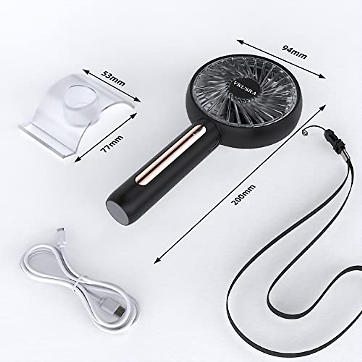 VKUSRA Handheld Fan, Mini Hand Held Fan with Base,Personal Small Battery Operated Portable Hand Fan with 4 Speeds,USB Rechargeable Makeup Desk Fan for Travel Outdoor Office-Black