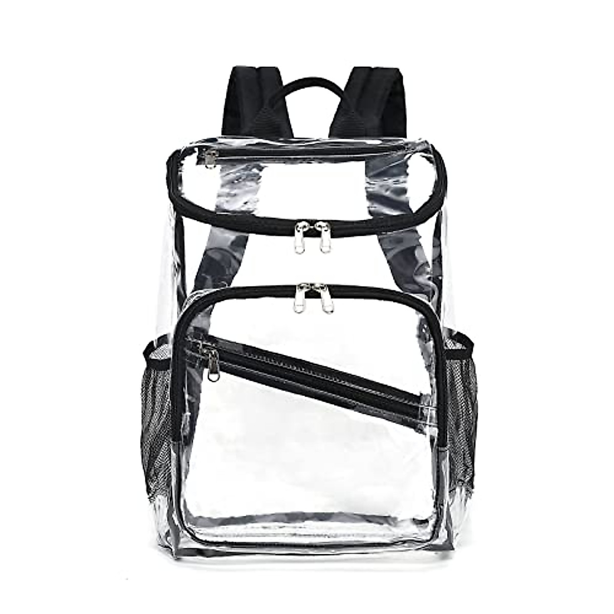 Clear Backpack Heavy Duty, Large PVC See Through Backpack with Water Bottle Holder, Clear Book bags Clear School Backpack for School, Stadium, Football Games, College (Black)