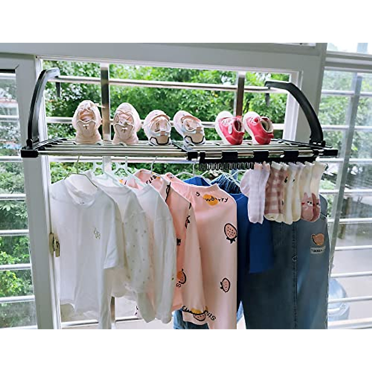 Candumy Portable Clothes Drying Rack for Balcony Railings Windowsill, Folding Towel Rack Indoor Outdoor Retractable Laundry Rack with Sock Clips for Drying Socks