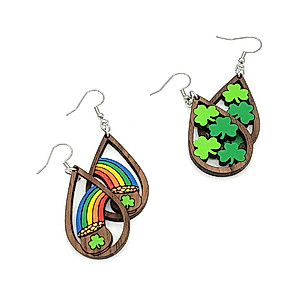 St Patrick's Day Earrings for Women Lucky Irish Shamrock Green Clover Hat Cat Dog Teardrop Wooden Dangle Earrings Holiday Jewelry Gifts-rainbow