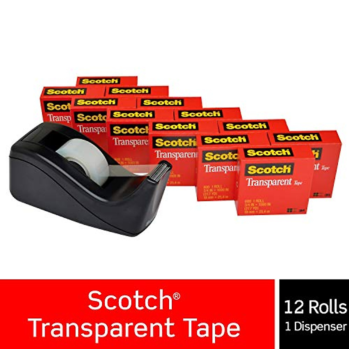 Scotch Transparent Tape with C60 Desktop Dispenser, Versatile, Cuts Cleanly, Engineered for Office and Home Use, 3/4 x 1000 Inches, Boxed, 12 Rolls, 1 Dispenser (600K-C60)