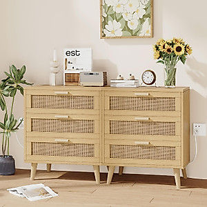 Rovaurx Rattan Nightstand with Charging Station, Night Stand with 3 Drawers, 23.6" W Bedside End Table for Bedroom, Side Table with Solid Wood Legs, Boho Style, Natural RCTG110ME