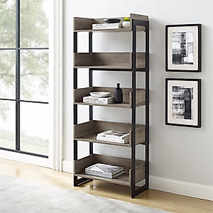 Walker Edison Addison Urban Industrial Metal and Wood 5-Shelf Bookcase, 64 Inch, Grey Wash