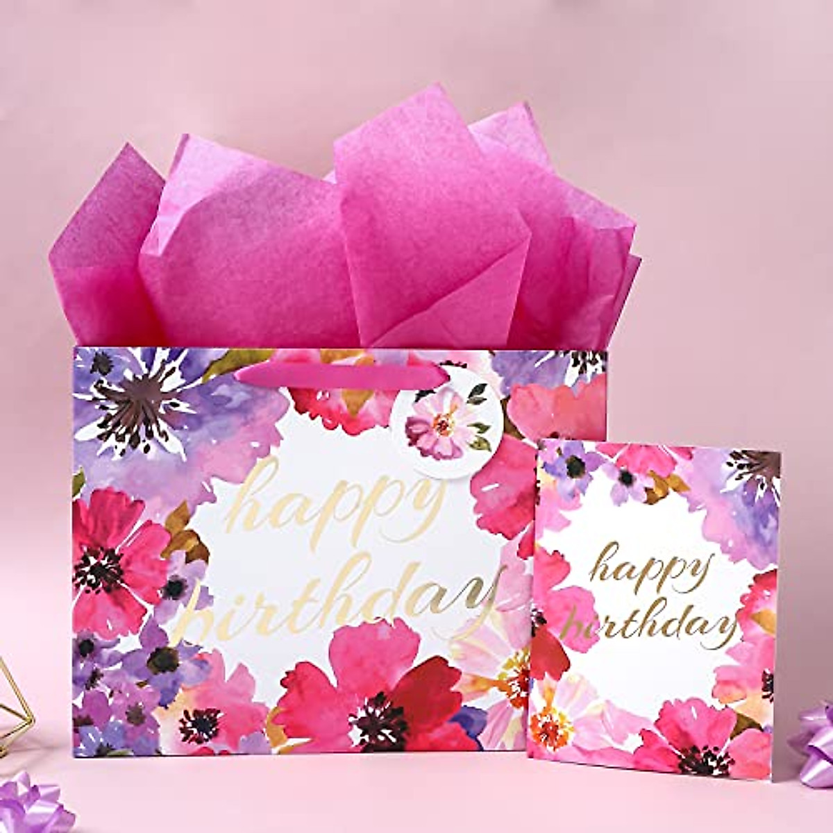 WRAPAHOLIC 13" Large Gift Bag with Card and Tissue Paper - Floral Gold Foil Happy Birthday