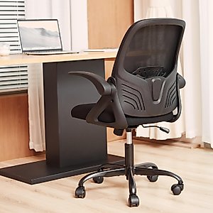 Larksperal Comfy Ergonomic Office Chair - Swivel Mid Back Computer Chair with Lumbar Support, Wheel & Flip-Up Armrests, Adjustable Mesh Desk Chair for Home, Work, Study, 300 lbs Capacity, Black