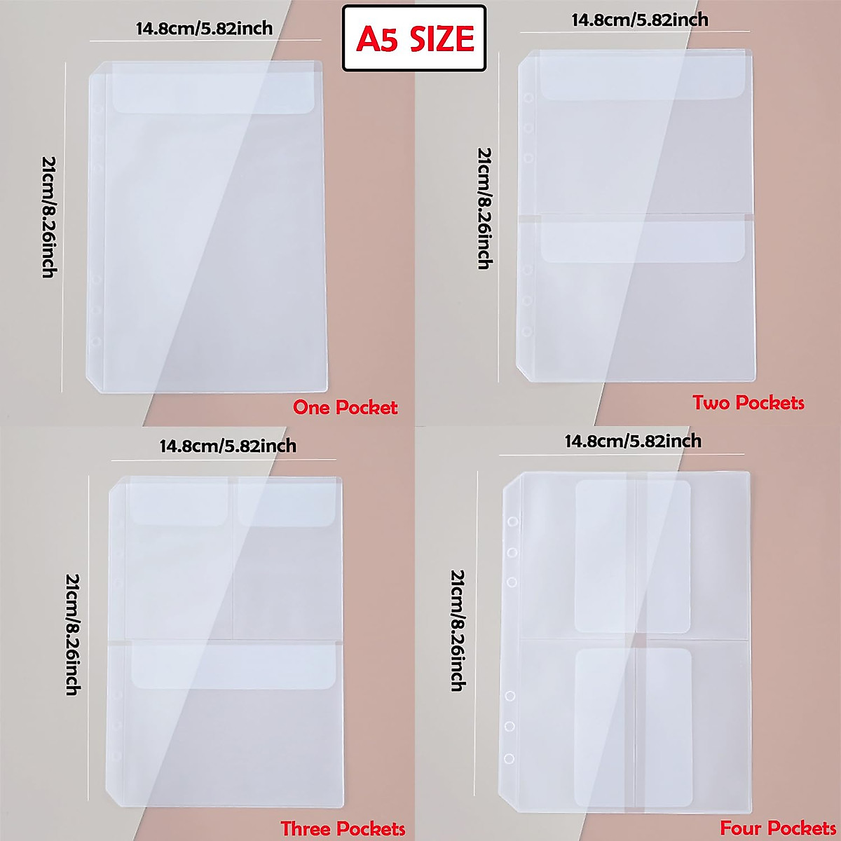 12 Pcs A5 Size 6 Holes Binder Pockets,Clear PVC Zipper Binder Pocket,6 Holes Zipper Binder Pouch,Waterproof PVC Loose Leaf Bags for Stickers, Postcards, Bank Cards—with Binder Clips (C)