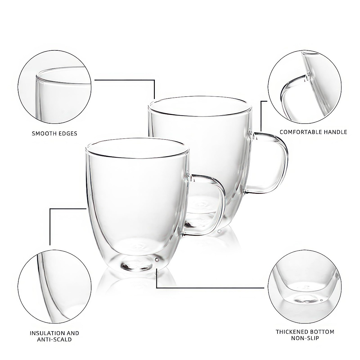 ZENENMRI Double Wall Glass Coffee Mugs 16 oz,Set of 4, Clear Coffee Cups with Handle,with 4 Spoon,Double Insulated Borosilicate Glass Mugs,Perfect for Cappuccino,Tea,Latte,Hot Beverage