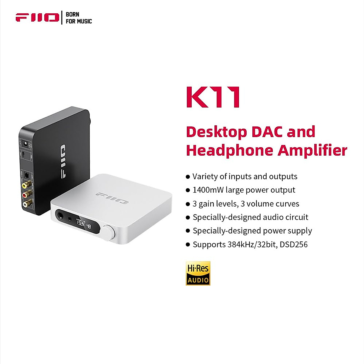 FiiO K11 DAC and Headphone Amplifier for Home Audio or PC, 6.35mm and Balanced 4.4mm, RCA, Coaxial, Optical, 1400mW, 384kHz/24Bit DSD256 (Silver)