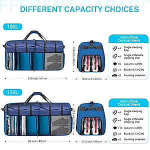 Gonex 100L Large Foldable Travel Duffle Bag with Shoes Compartment, Packable Lightweight Water Repellent Duffel Bag for Camping Gym Weekender Bag Deep blue