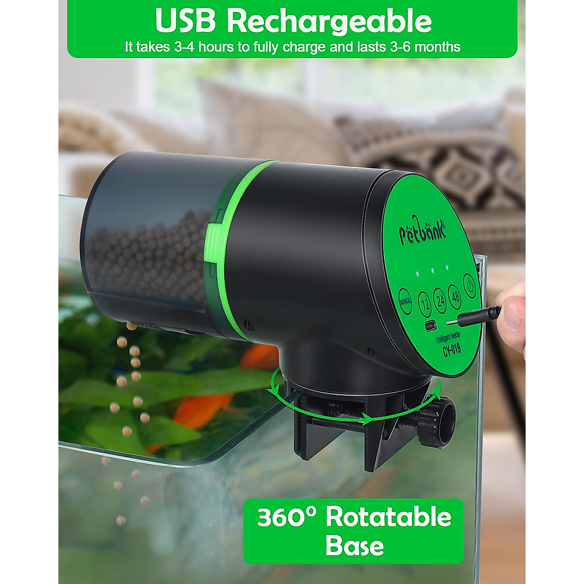 Petbank Automatic Fish Feeder for Aquarium - Auto Fish Food Dispenser Rechargeable for Small Large Tank with USB Charger Cable，12/24/48H Interval Esay Set Up (Green, CY-019)