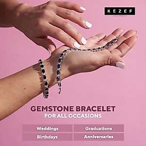 KEZEF Tennis Bracelets For Women - Cubic Zirconia - Oval 7x5mm Blue Sapphire Gemstones - Round 2.50mm White CZ - Silver Plated Brass - 7 Inch - Hypoallergenic Bracelets