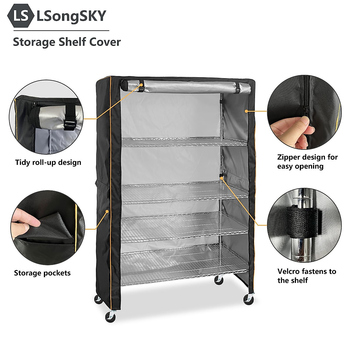 LSongSKY Shelf Cover Waterproof,Shelf Covers for Wire Shelving,Waterproof Heavy Duty Storage Shelves Cover,Keep Garage,Closet,Kitchen,Yard Neat,Fits Racks 48" W x 18" D x 72" H,Black