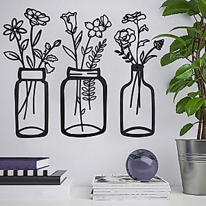 Set of 3 Metal Vase Flowers Wall Art Metal Flower Wall Art Wall Decor Hanging Iron Wall Sculptures Hanging for Home Bedroom Bathroom Kitchen Garden Outdoor and Indoor Housewarming Gift Large (Black)