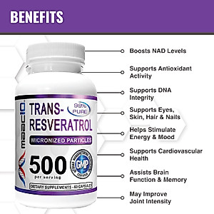 MAAC10 Trans Resveratrol 500mg Supplement (Micronized Pharmaceutical Grade 99% Pure Trans-Resveratrol Extract + BioPerine for Superior Absorption) (2X 250mg Capsules 60ct)