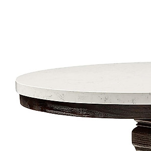 Benjara Dining Table with Marble Top and Pedestal Base, White and Gray