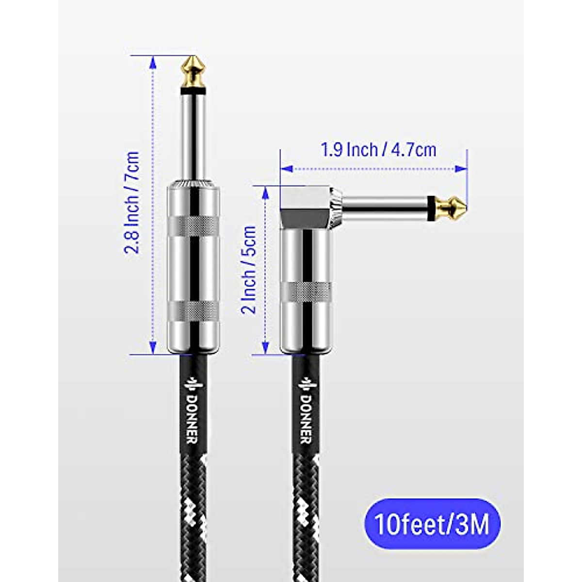 Donner Guitar Cable 10 ft, Electric Instrument Cable Bass Amp Cord for Electric Guitar Bass Amplifier Audio, 1/4" Right Angle to Straight, Black White