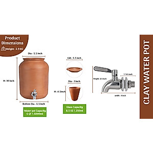 Village Decor Handmade Earthen Clay Water Pot | Clay Beverage Dispenser with Stainless Steel Faucet and Clay Glass, Capacity 6000 ml / 202 oz