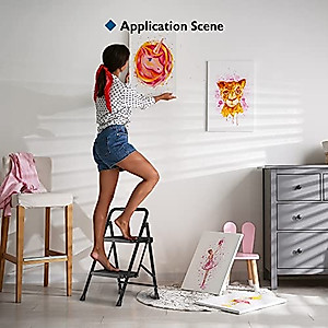 BONTEC 2-Step Ladder, Folding Step Stools for Adults with Wide Anti-Slip Pedals, Max Load Capacity 600lbs Sturdy Steel Ladder, Lightweight, Convenient Handle, Portable Steel Step Stool, Black