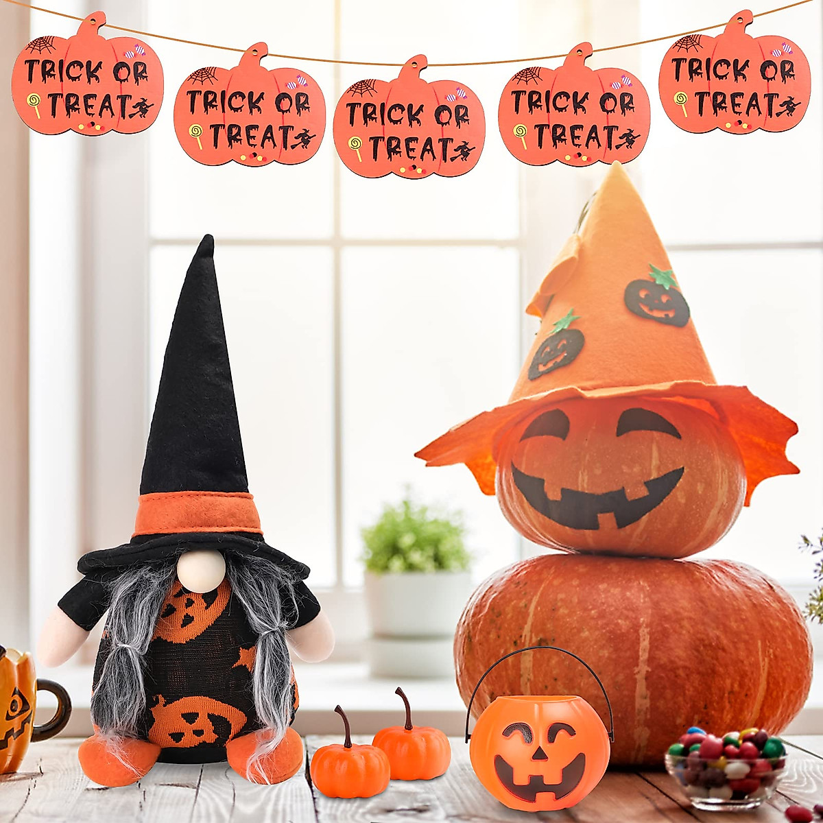 Halloween Tiered Tray Decor Home Table Deccorations - Cute Gnomes Plush and Bead Garland, Trick or Treat Signs Pumpkin Bucket with Led, Foam Pumpkin, Farmhouse Rustic, Black