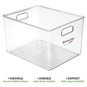 mDesign Plastic Craft Room Storage Box - Sewing, Crochet Storage Container with Built-in Handles for Thread, Beads, Ribbon, Glitter, Clay - 12" x 10" x 8" Includes 24 Labels - Clear