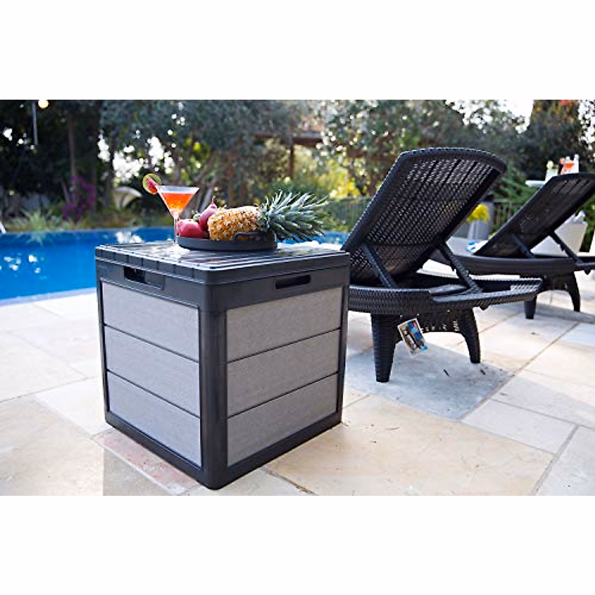 Keter Denali 30 Gallon Resin Deck Box for Patio Furniture, Pool Accessories, and Storage for Outdoor Toys, Grey/Black