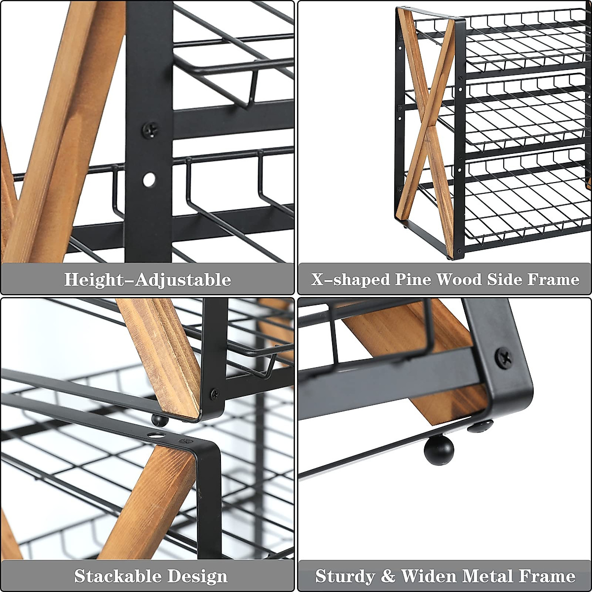 Stackable Can Rack Organizer, 3 Tier Stacking Can Storage Dispenser Wood Holder for Storing Canned Pantry Kitchen Cabinet or Countertop, for 36 Cans, Black