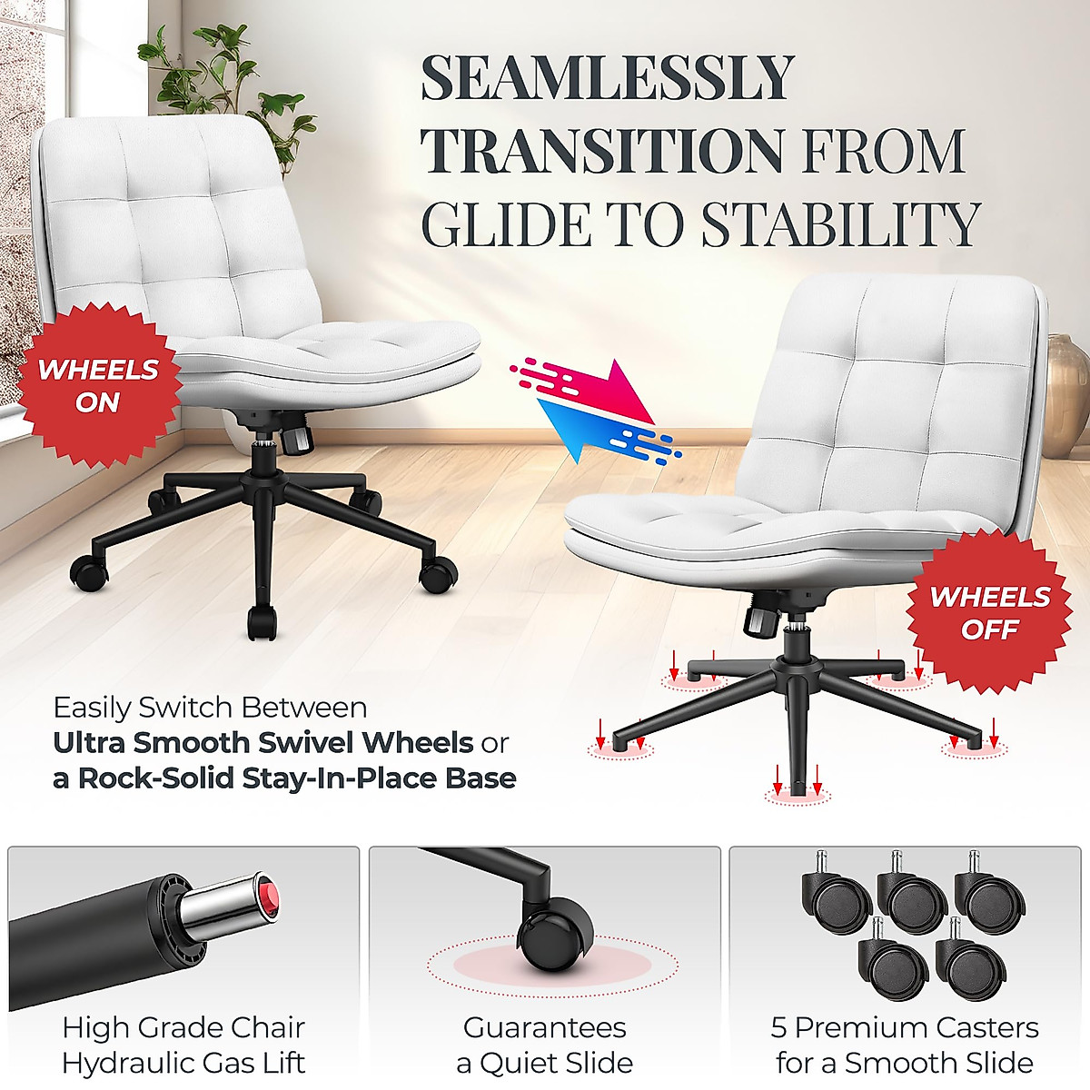 Criss Cross Desk Chair for Cross Legged Sitting, Easy to Assemble White Criss Cross Chair with Wheels - Premium Detachable Wheel and Swivel Design, Cozy Ergonomic Office Chair with Wide Comfy Seating