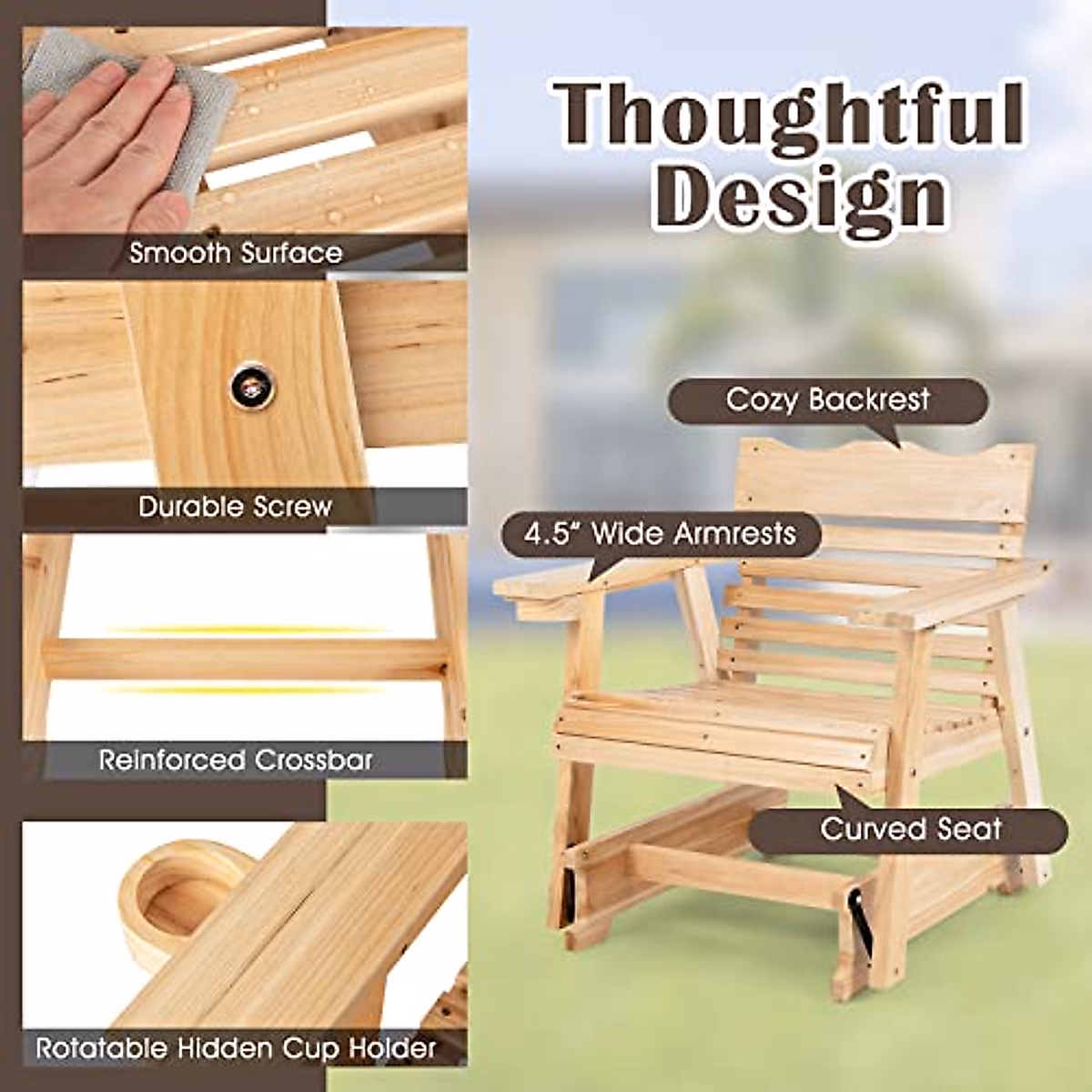 Giantex Outdoor Glider Rocking Chair - Wood Porch Rocker with High Back, Widened Armrests, Curved Seat, Rotatable Cup Holder, Patio Slat Rocking Chair for Backyard, Balcony, Poolside, Natural