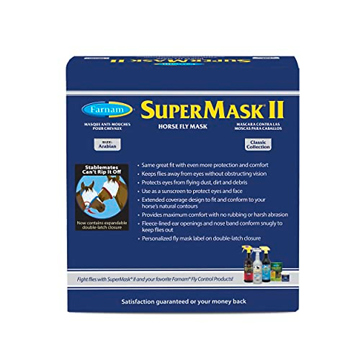 SuperMask II Fly Mask Without Ears for Smaller Horses or Arabian Horses, Full Face Coverage and Eye Protection from Insect Pests, Structured Classic Mesh with Plush Trim, Small Horse/Arabian Size