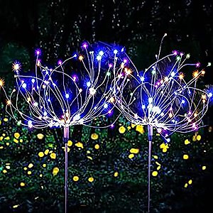 Ovker Outdoor Solar Garden Decorative Lights,2 Pack 120 LED Solar Firework Lights,40Copper Wires String Landscape Light-DIY Fireworks Trees for Pathway,Backyard,Christmas Decorative Decor(Multicolor)