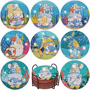 8 PCS Ocean Gnome Diamond Paintings Coasters, Diamond Art Coasters with Holder, Sea Diamond Painting Coasters for Beginners Adults Kids Art Supplies