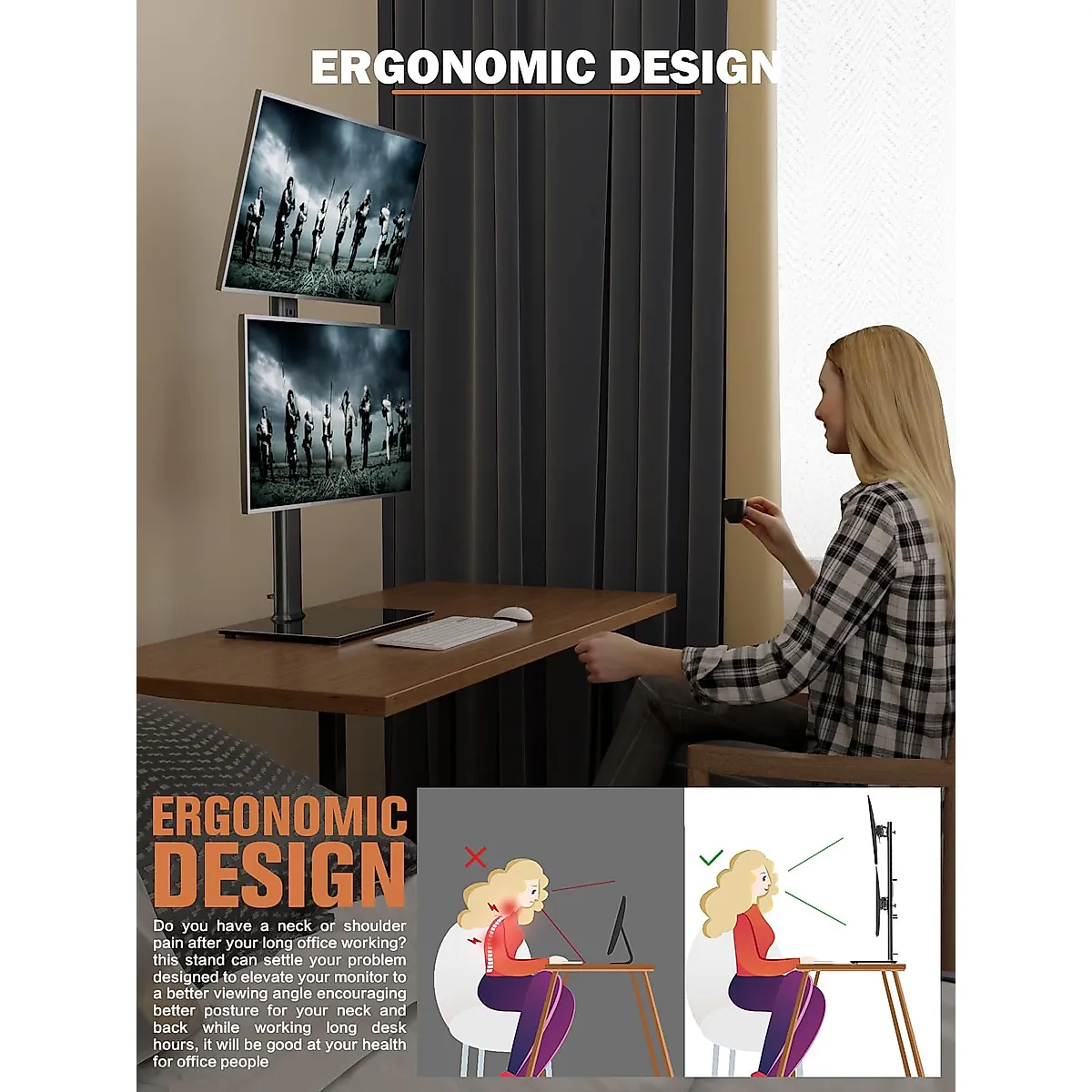 Dual Monitor Stand - Vertical Stack Screen Free-Standing Monitor Riser Fits Two 13 to 34 Inch Screen with Swivel, Tilt, Height Adjustable, Holds One (1) Screen up to 44Lbs HT05B-002