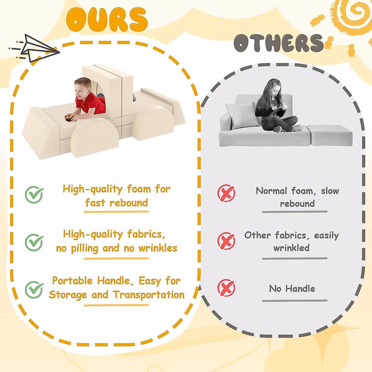 CATMIX Modular Kid Play Couch, 10PCS Kids Couch Sectional Sofa Soft & Stylish Toddler for Playroom Bedroom, Kids Adults, Floor Foam Sofa for Boys and Girls (Beige)